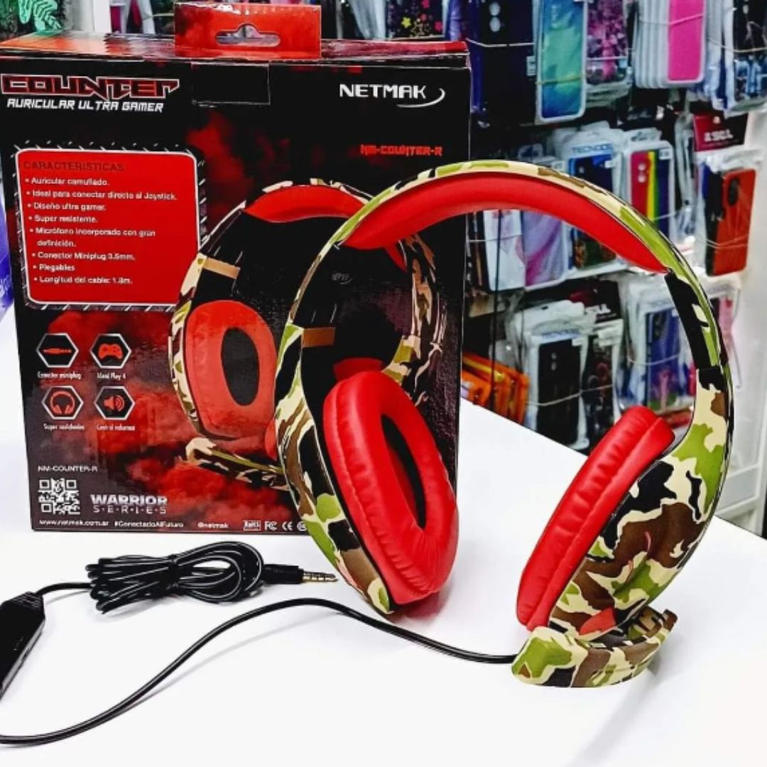 Auricular Gamer Pc Microfono Camuflado Netmak Rojo - MHAZZ